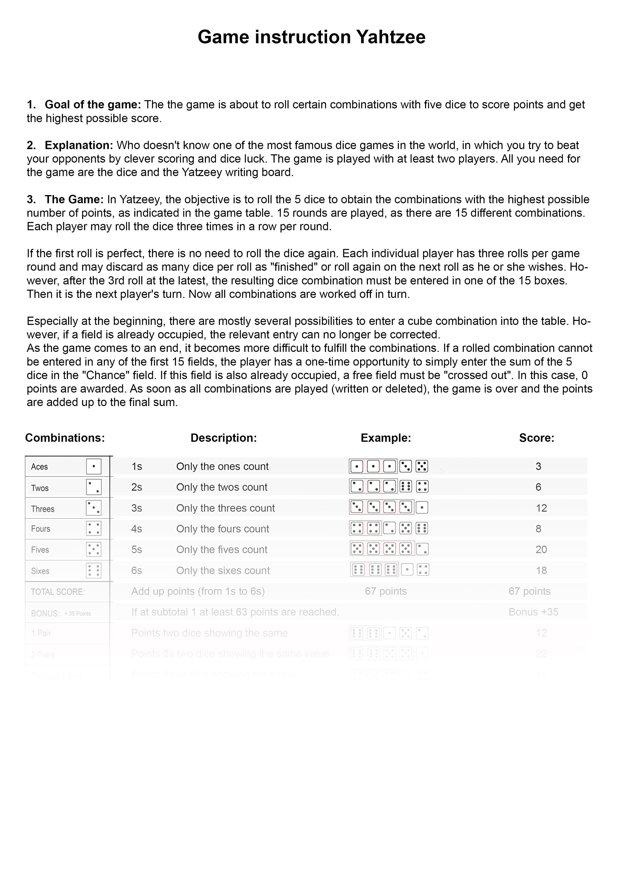 Yahtzee, Yatzy, Triple Printable Score Card. Scoresheets and Game Rules ...