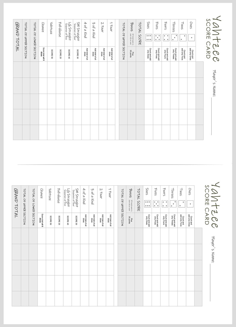 Yahtzee Yatzy Triple Printable Score Card. Scoresheets and - Etsy
