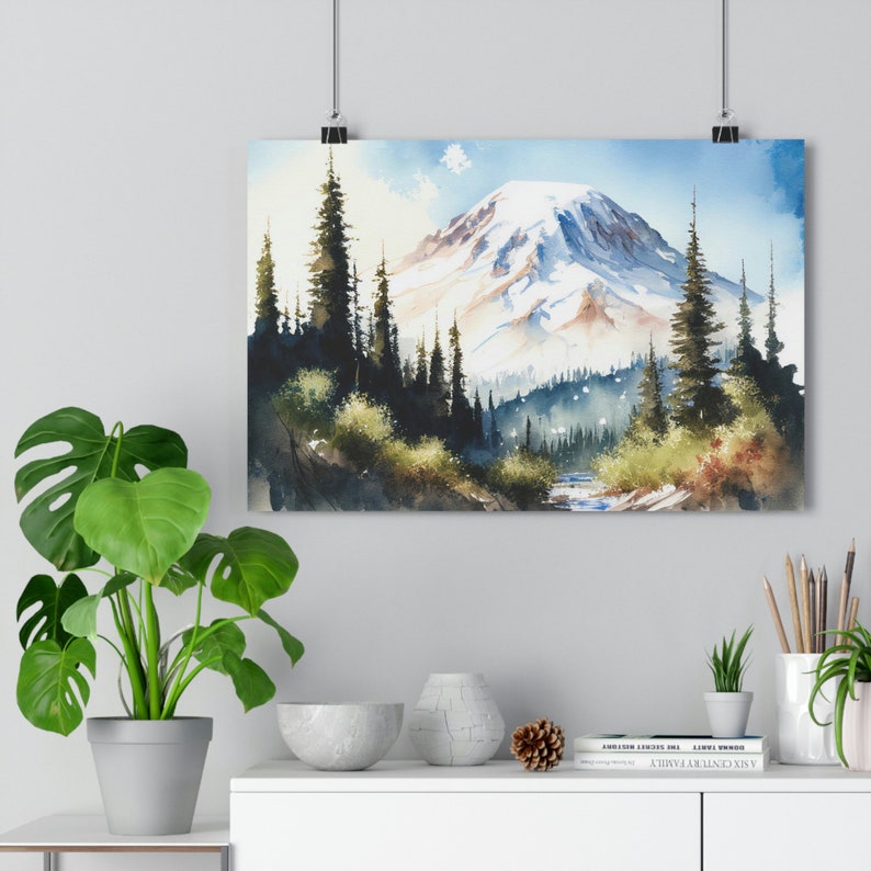 Mt Rainier on a Sunny Day, Museum-quality Giclée Art Print, Watercolor ...