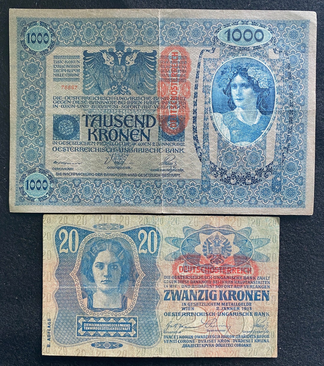 Austria 2 Banknotes Set 1000 Kronen 1902 and 20 Krone 1913 Circulated ...