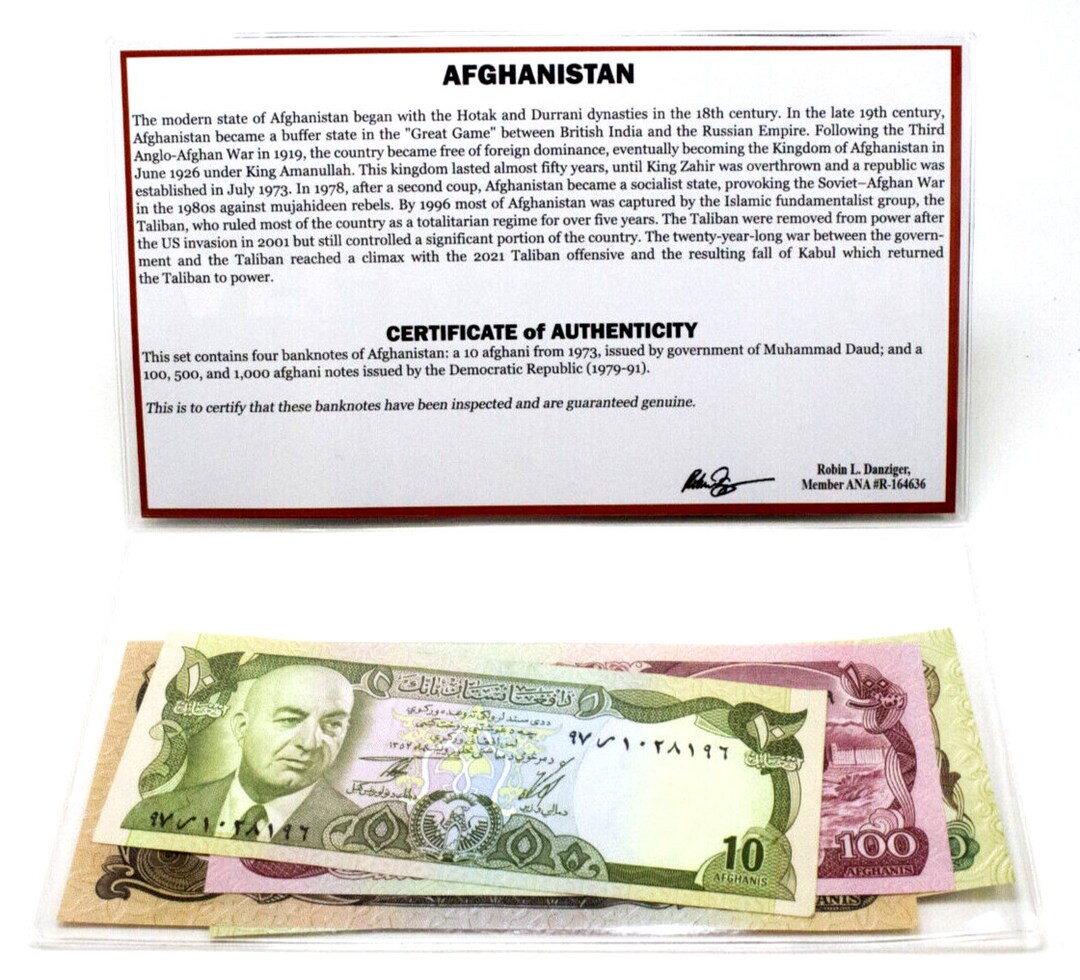AFGHANISTAN 4 Banknotes Collection - COA and History and Folder ...