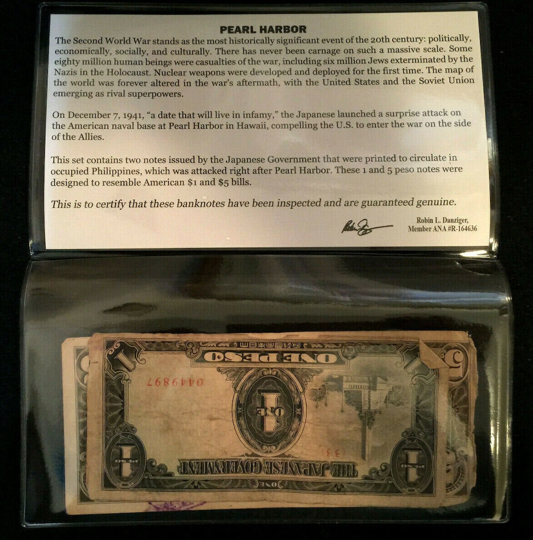Pearl Harbor WWII: Japanese Occupation 1 and 5 Pesos and COA With ...
