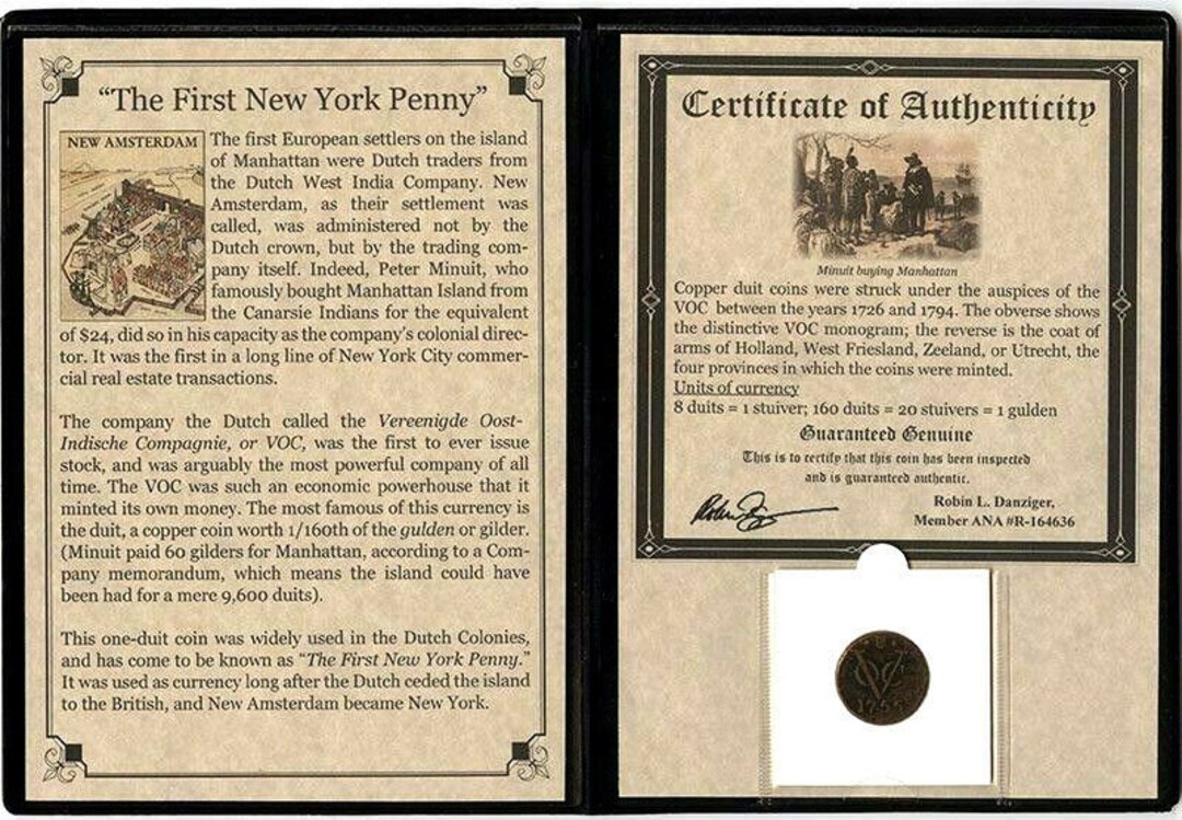 First New York Penny VOC Copper Coin 1700s COA & History and Holder and ...