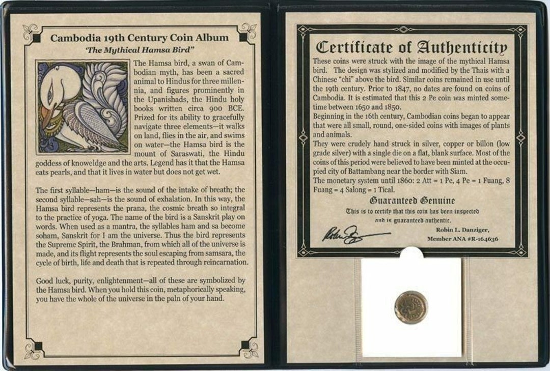 CAMBODIA 19TH CENTURY Hamsa Bird Coin With COA and History and Album ...
