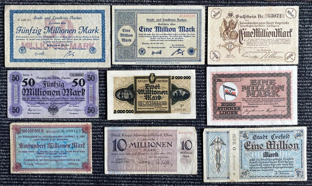 German Authentic Historical Set of 9 Different Inflation Mark Notes ...