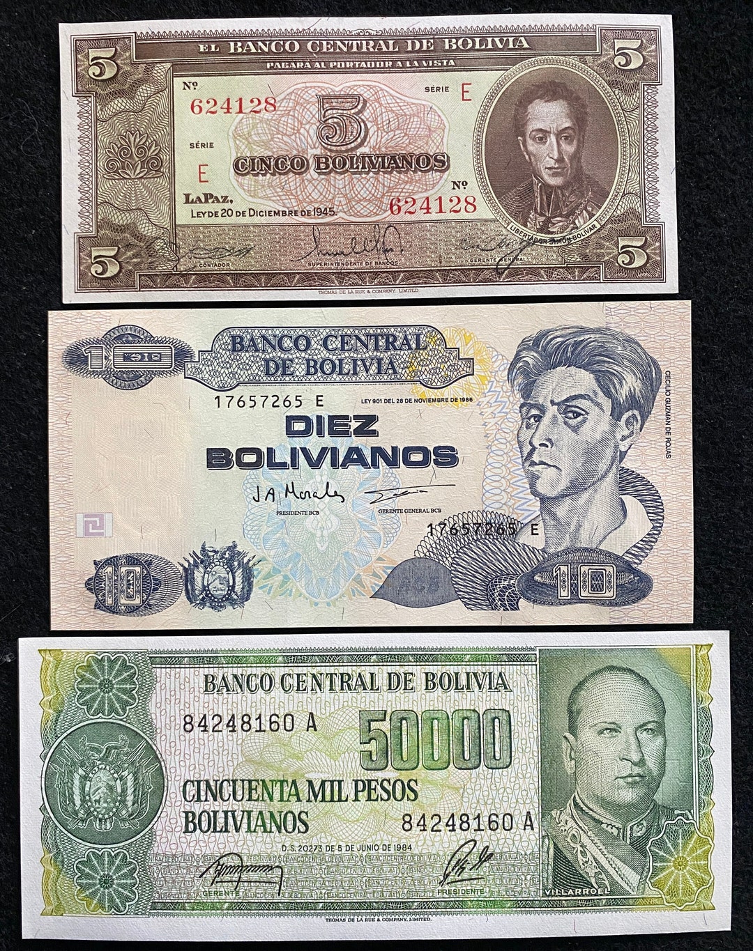 Bolivia 3 Banknotes Set 5 Bolivianos 1945, 10 Bolivianos 1986, 50000 ...