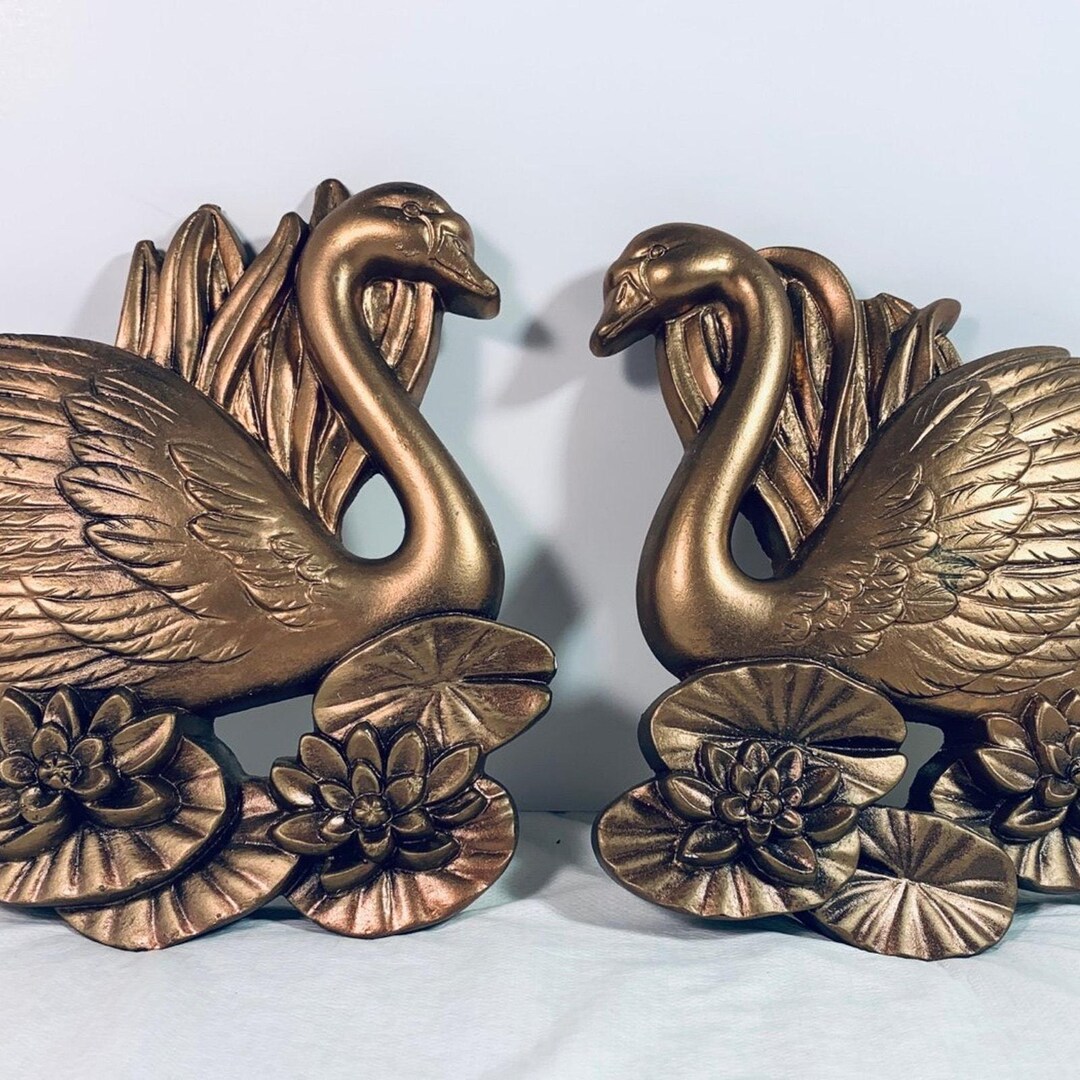 Gold Bronze Miller Chalkware Swans 1987 - Etsy