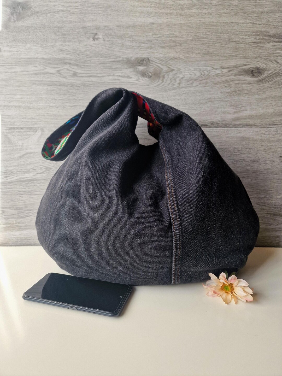 Upcycled Denim Slouchy Hobo Shoulder Bag, Sustainable Black Boho ...