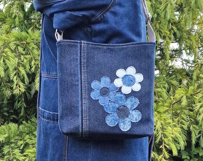 Denim Bag With Applique Denim Flowers, Upcycled Crossbody / Shoulder ...