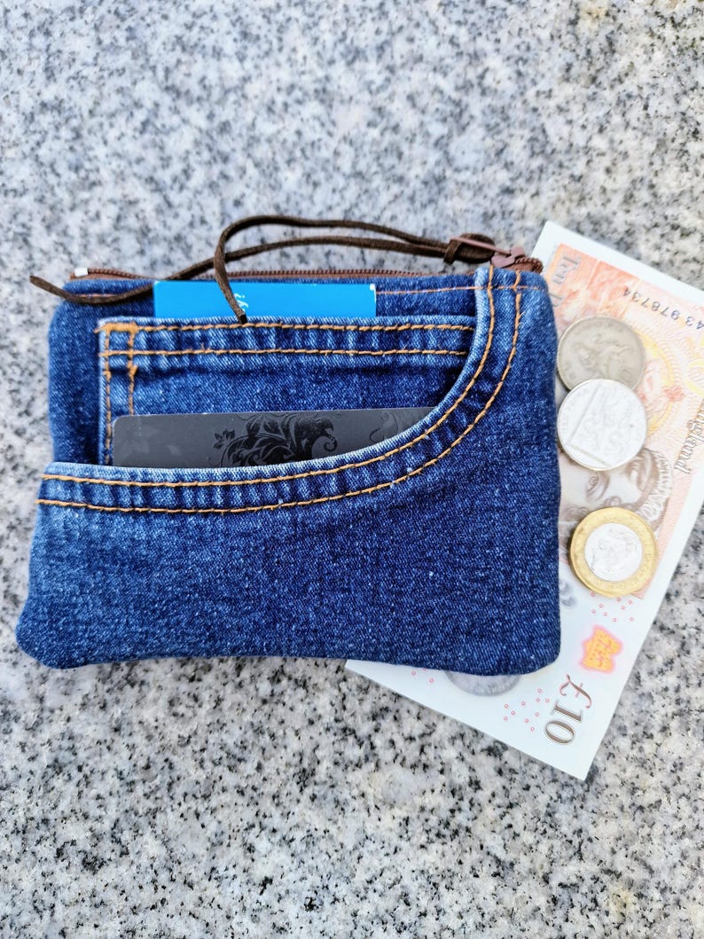 Denim Coin Purse, Upcycled Fabric Card Holder, Small Blue Jean Pocket ...