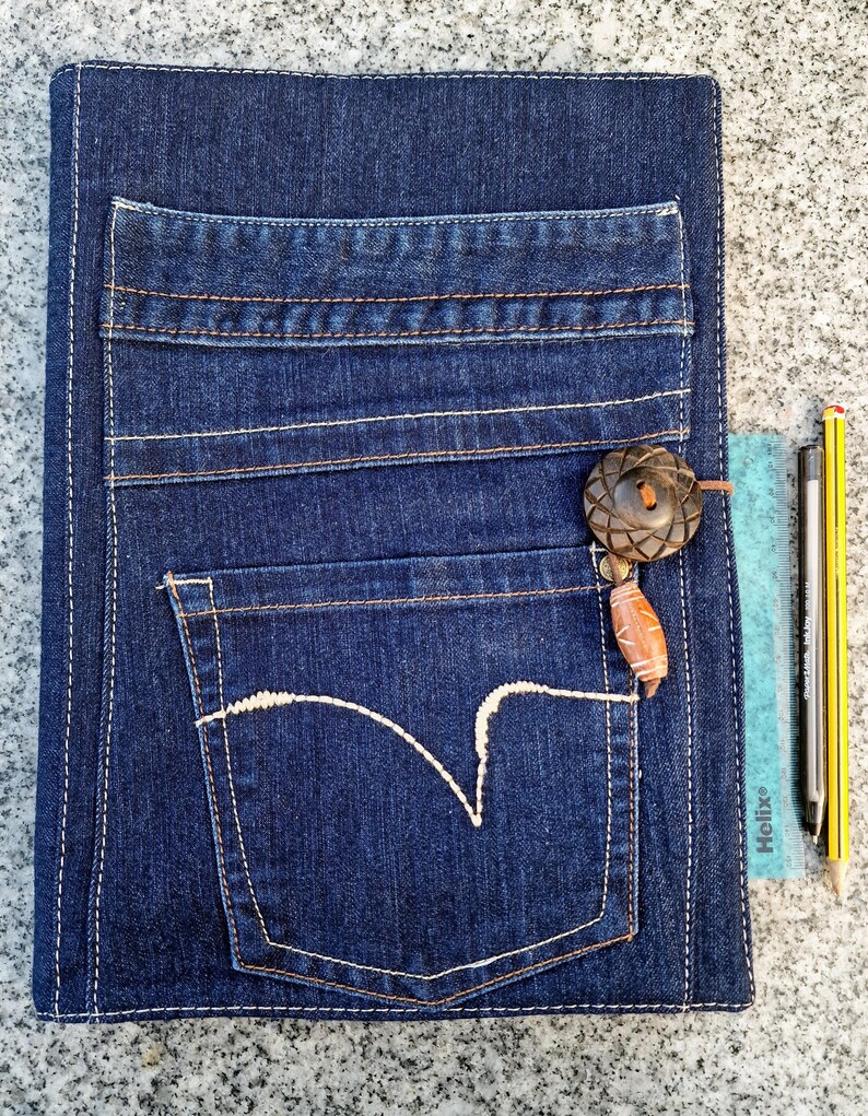 Upcycled Denim Fabric Book Cover + A4 Sketchbook - Handmade Art Gift, Recycled Blue Jean Book ...