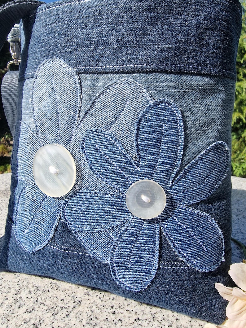 Denim Bag With Applique Denim Flowers, Upcycled Crossbody / Shoulder ...