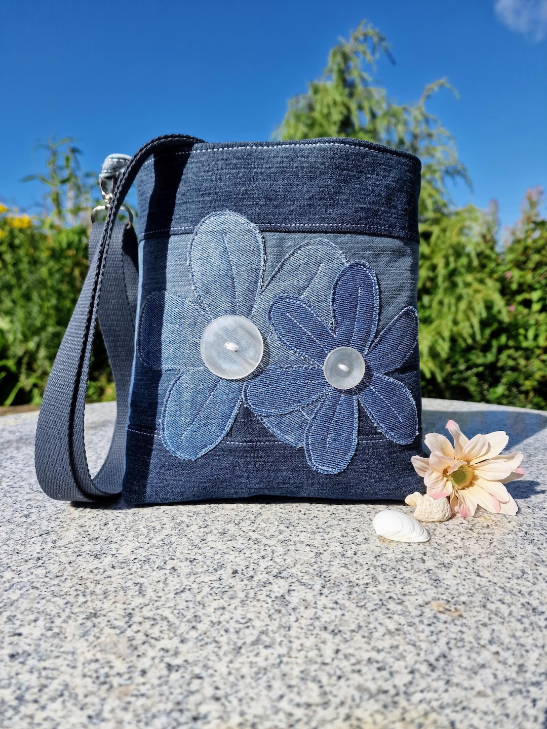 Denim Bag With Applique Denim Flowers, Upcycled Crossbody / Shoulder ...