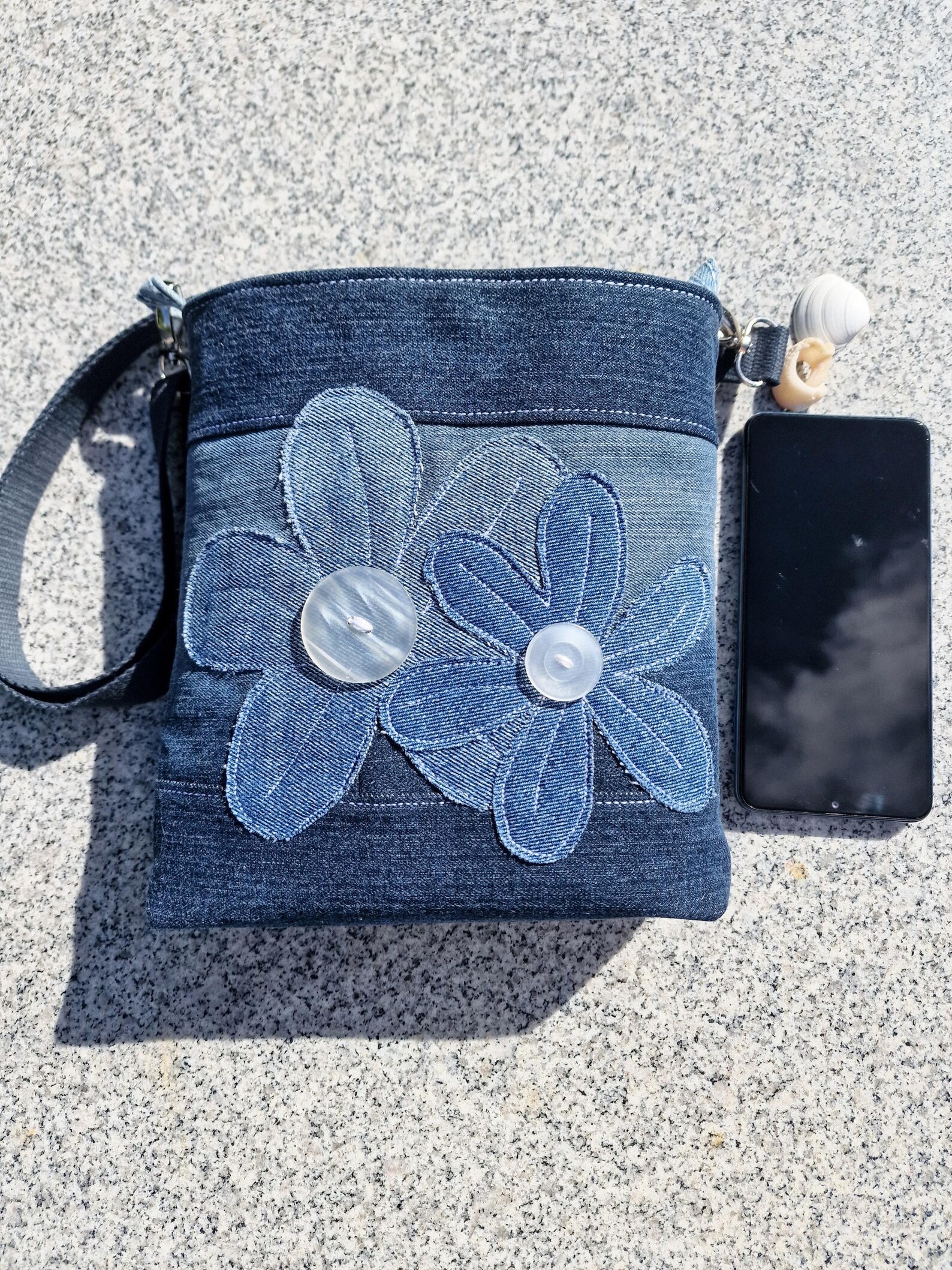 Denim Bag With Applique Denim Flowers, Upcycled Crossbody / Shoulder ...