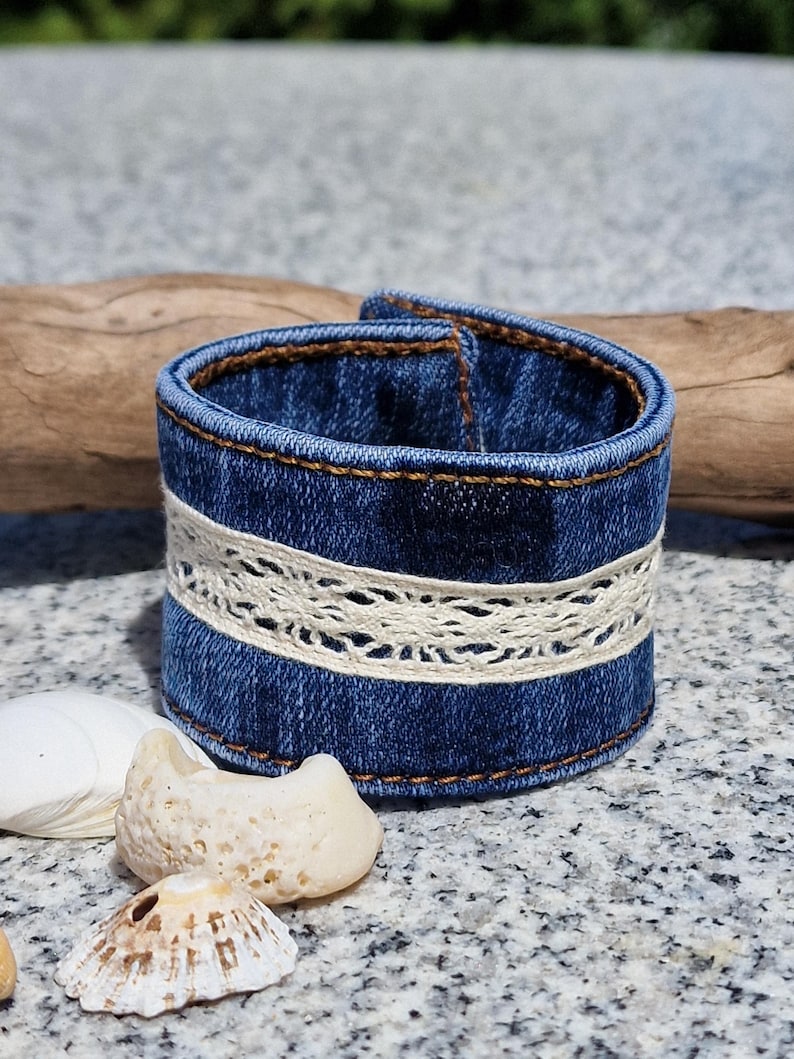 Recycled Denim Jeans and Lace Boho Cuff Bracelet Sustainable Accessory ...