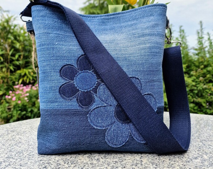 Denim Bag With Applique Denim Flowers, Upcycled Crossbody / Shoulder ...
