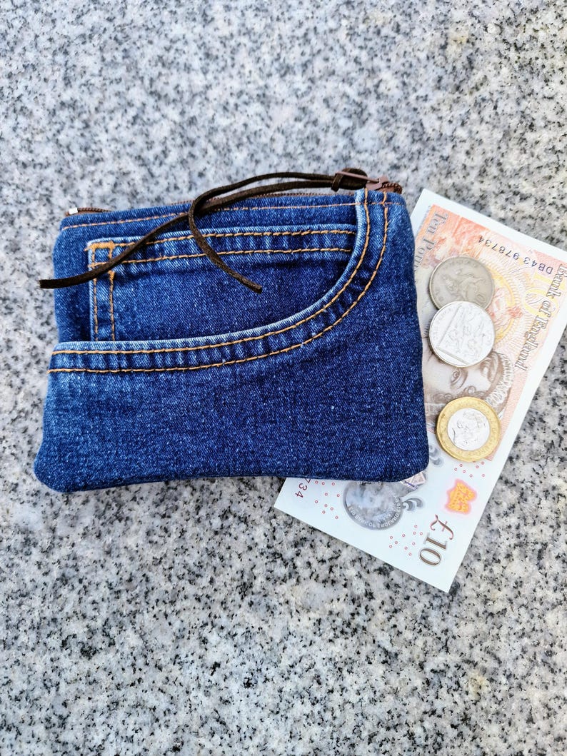 Denim Coin Purse, Upcycled Fabric Card Holder, Small Blue Jean Pocket ...