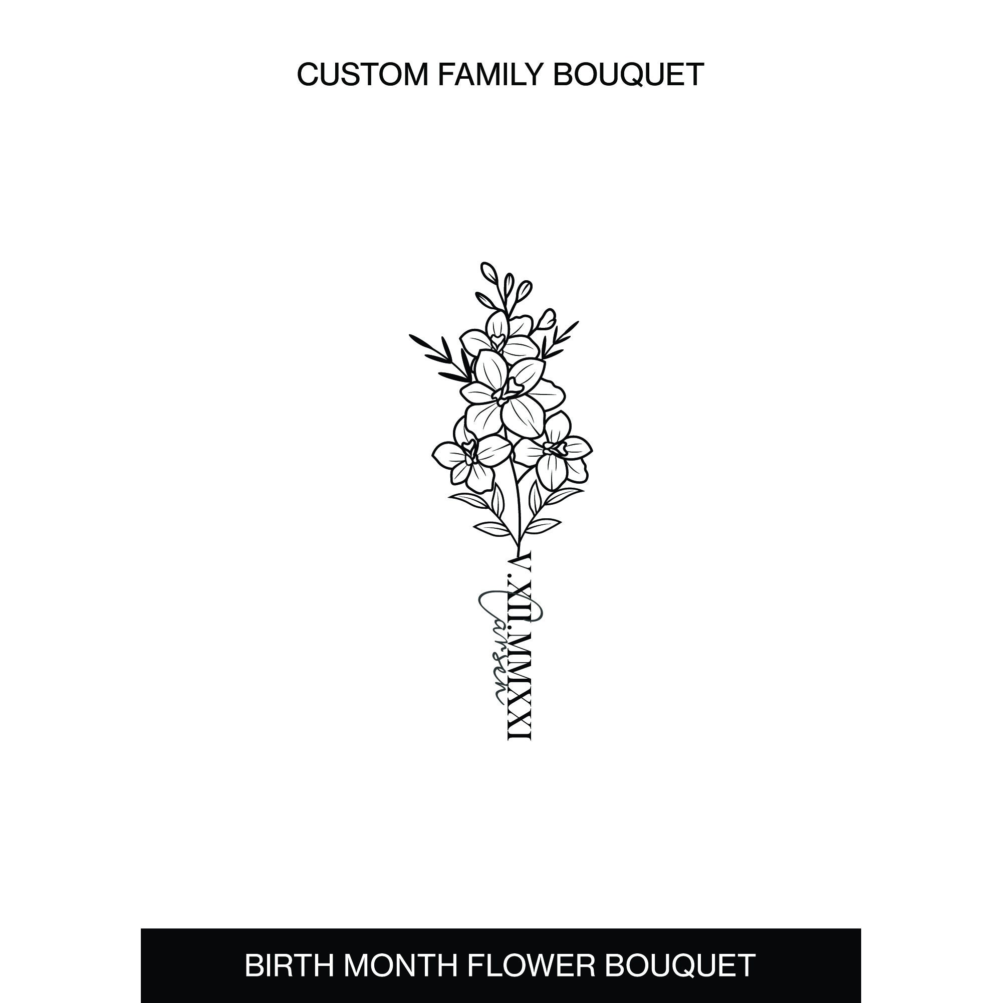 Birth Month Flower Tattoo With Roman Numeral Date and Name, Custom Name ...