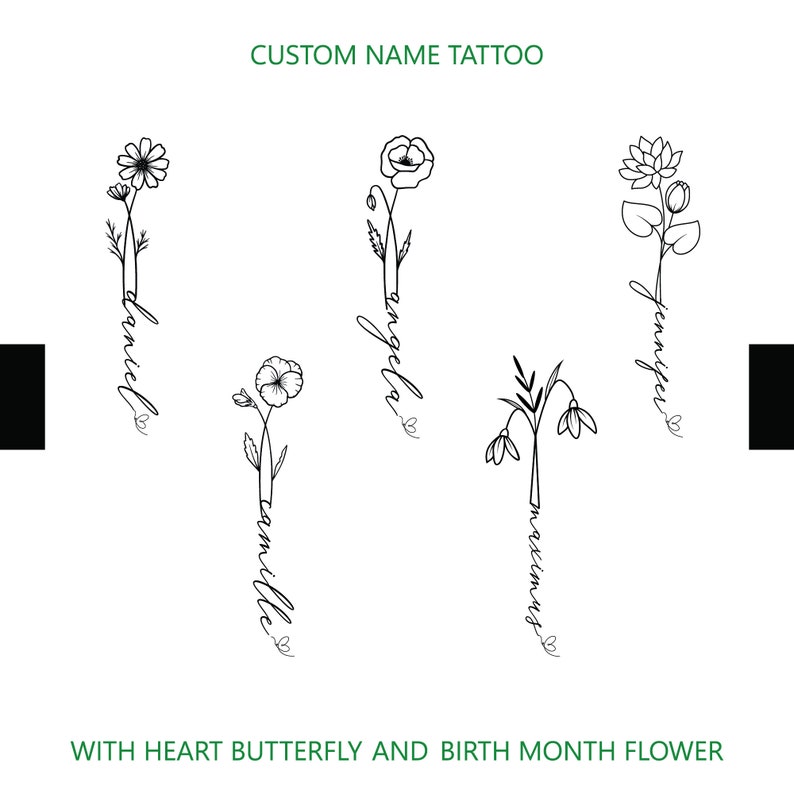 Birth Month Flower Tattoo With Heart Butterfly, Birth Month Svg Bundle ...