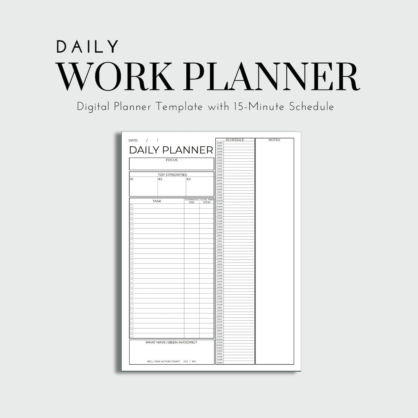 Daily Work Planner | 15 Minute Planner | Daily Planner | Digital Work ...