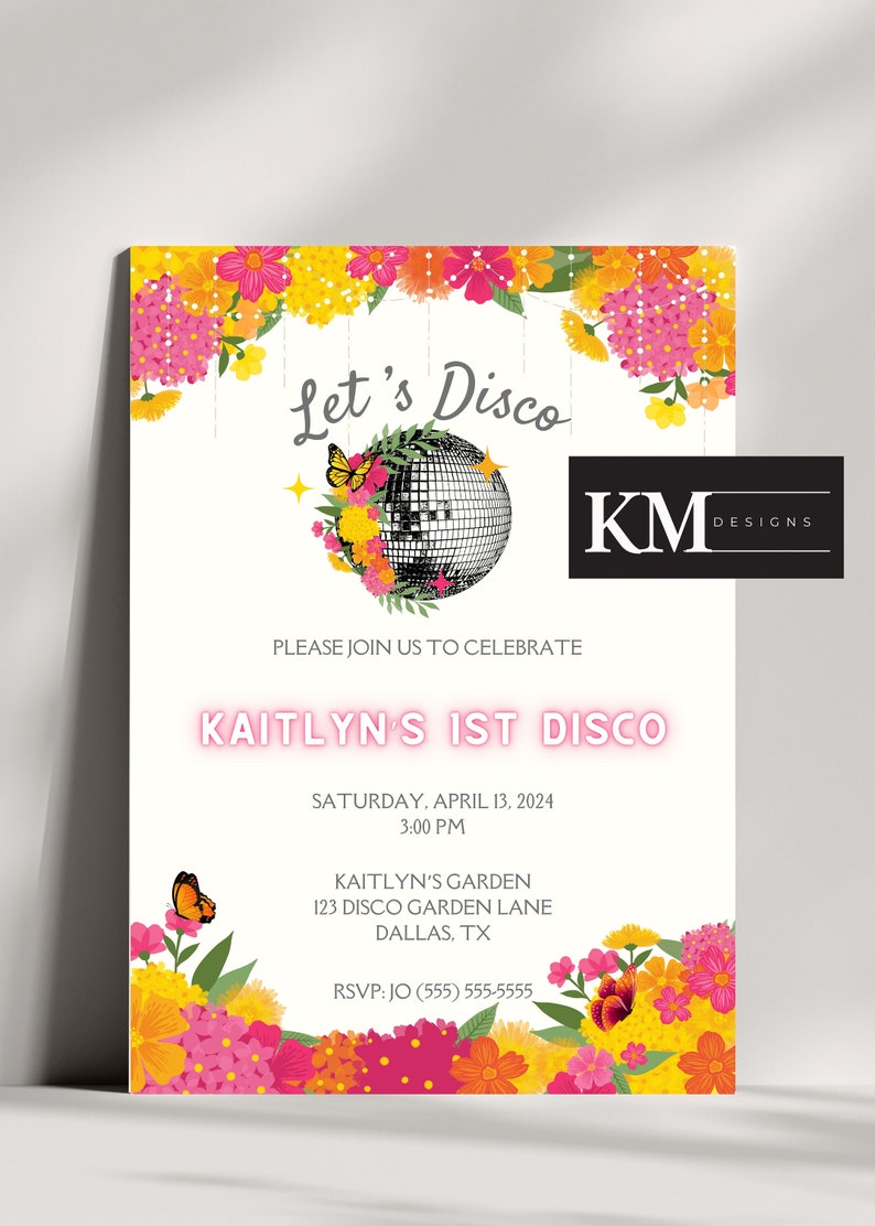 Disco Garden Party Invitation, 1st Birthday Party Invite, Teen Floral ...