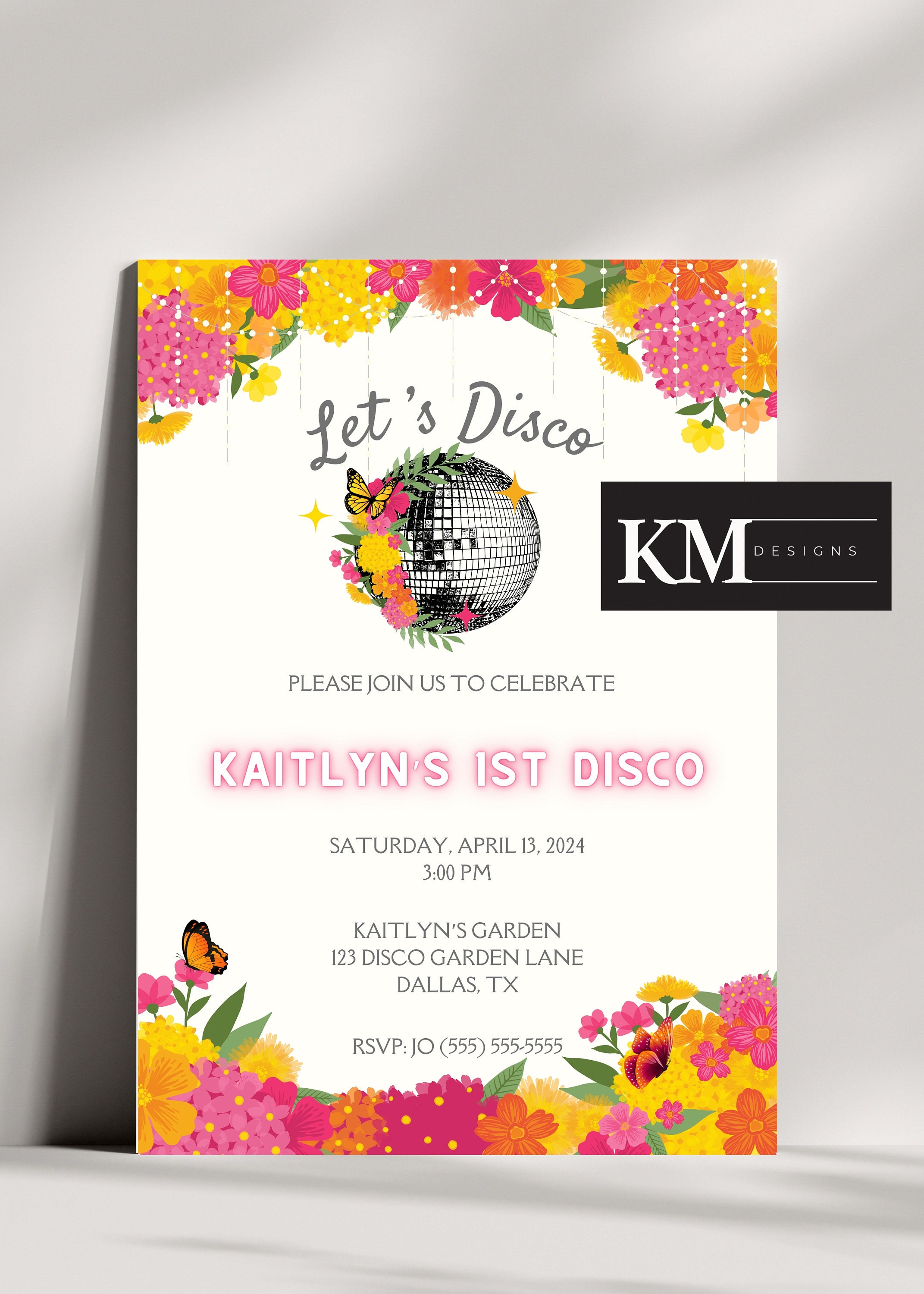 Disco Garden Party Invitation, 1st Birthday Party Invite, Teen Floral ...