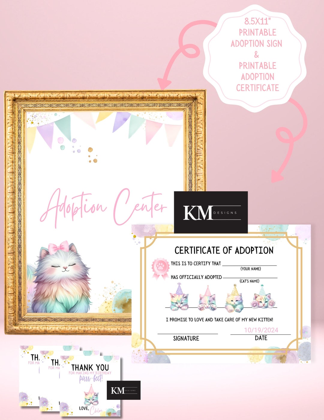 Cat Adoption Certificate, Pastel Rainbow Cat Adoption Sign, Cat Thank ...