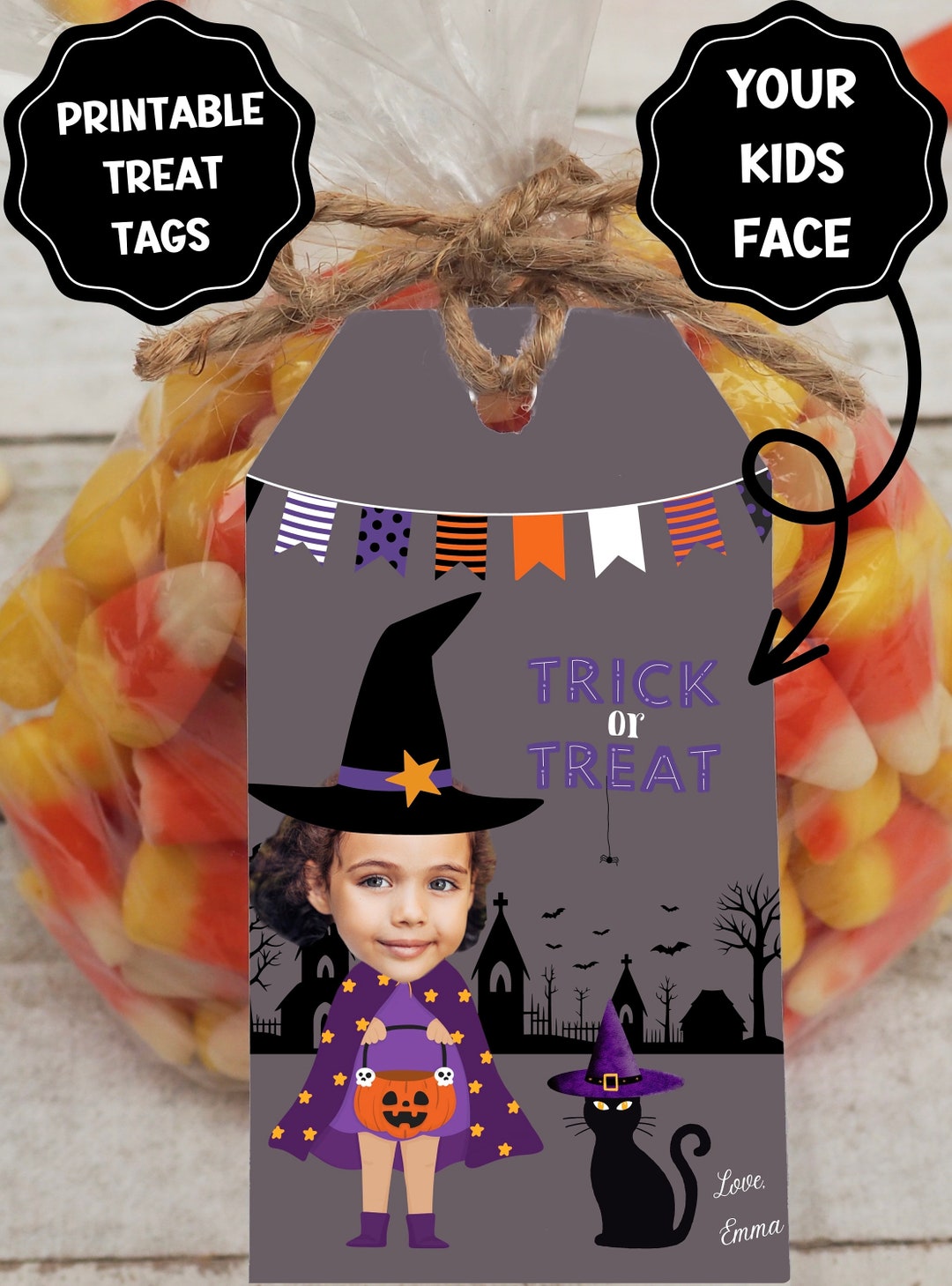 Printable Trick or Treat Gift Tag, Custom Photo Halloween Treat Tag ...