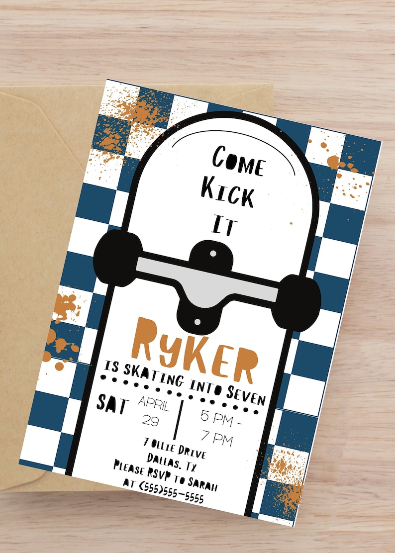 Come Kick It Skateboard Birthday Invitation Skater Invite Urban Sports ...