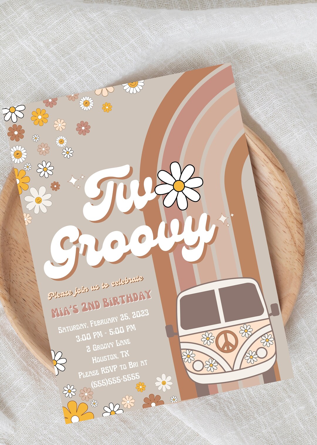 Two Groovy Birthday Invitation, Retro Hippie Invitation, Groovy ...