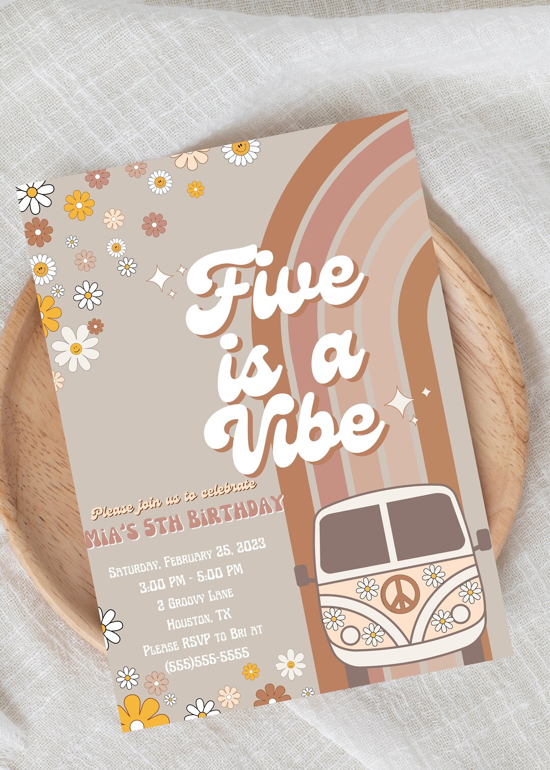 5 is a Vibe Invitation, Retro Birthday Party, Retro Hippie Invitation ...