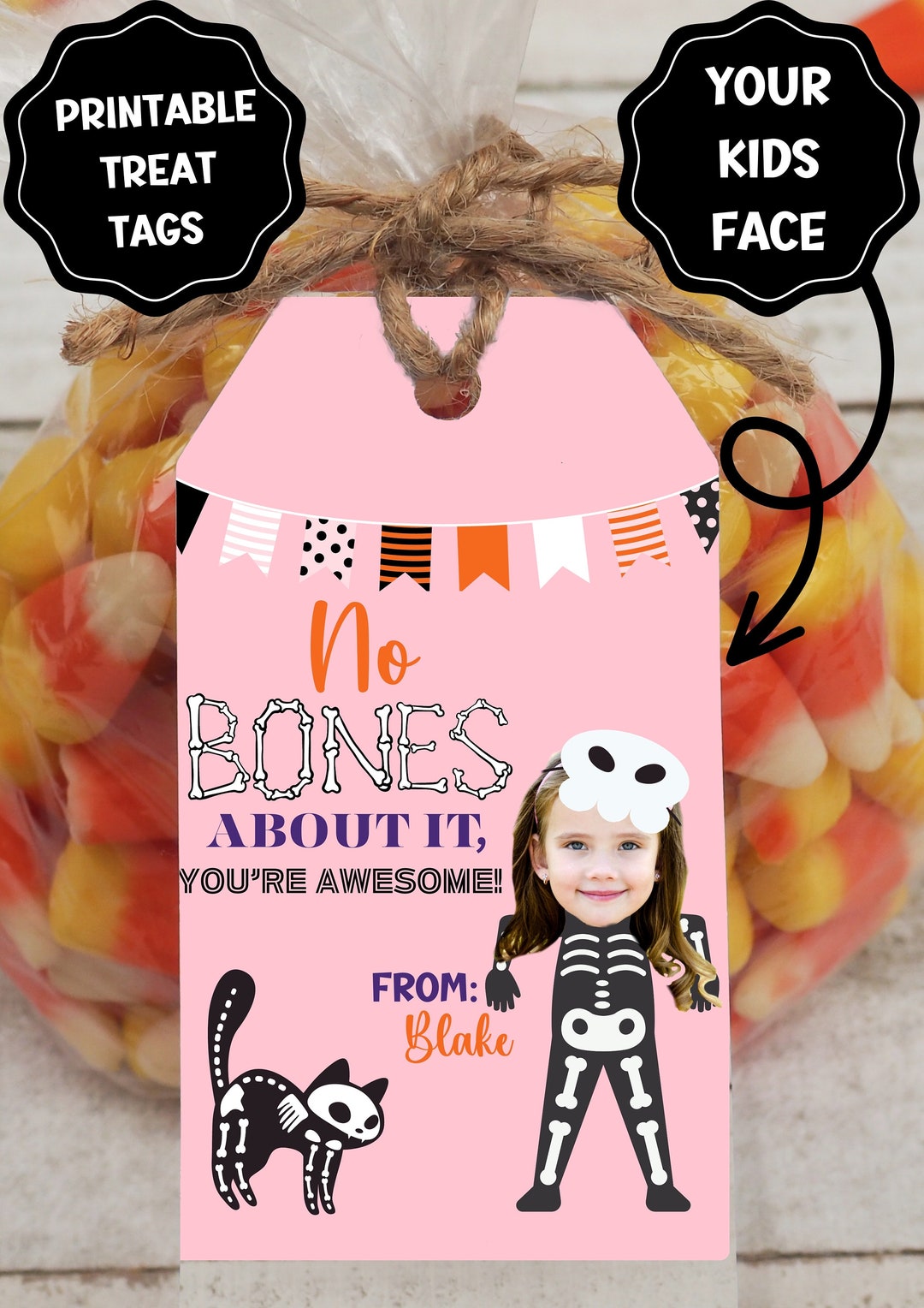 Skeleton Halloween Favor Tag, Custom Photo Halloween Treat Tag, Class ...