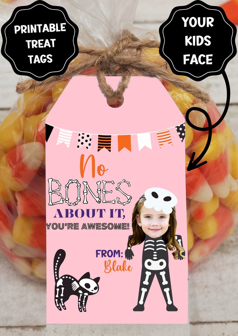 Skeleton Halloween Favor Tag, Custom Photo Halloween Treat Tag, Class ...