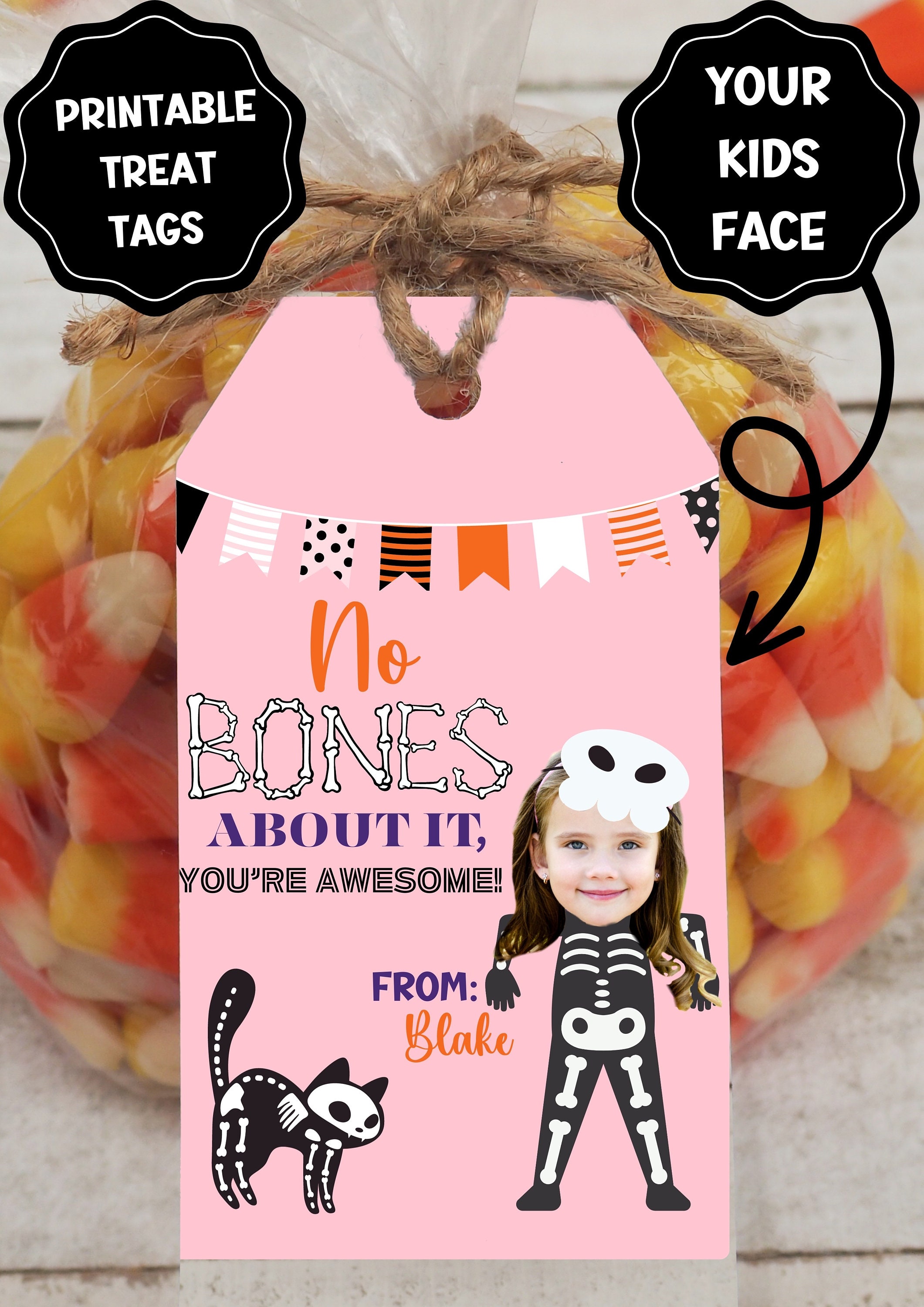Skeleton Halloween Favor Tag, Custom Photo Halloween Treat Tag, Class ...
