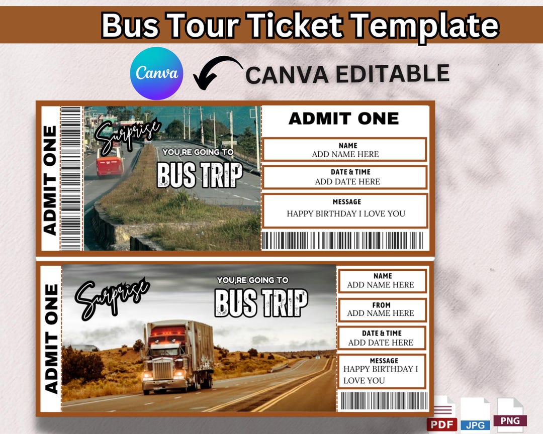 Surprise Trip Bus Tour Ticket Template: Editable Travel Gift Voucher ...