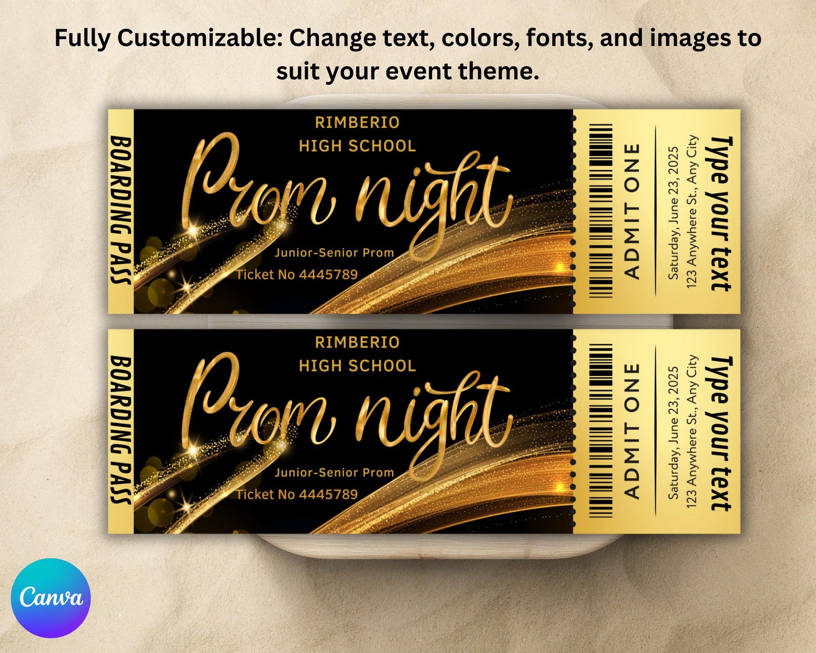 Golden Glitter Prom Ticket Template: Editable Canva Download - Etsy