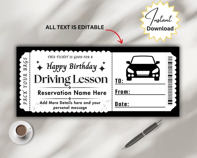 Driving Lesson Gift Ticket Editable Template | Printable New Driver ...