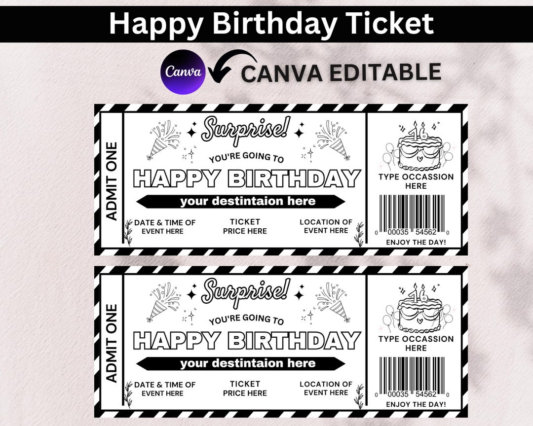 Editable Birthday Surprise Ticket: Custom Printable Gift Voucher ...