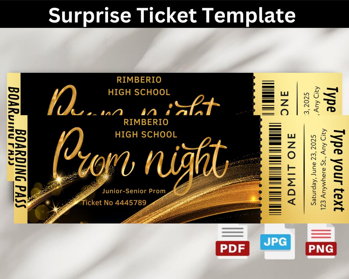 Golden Glitter Prom Ticket Template: Editable Canva Download - Etsy