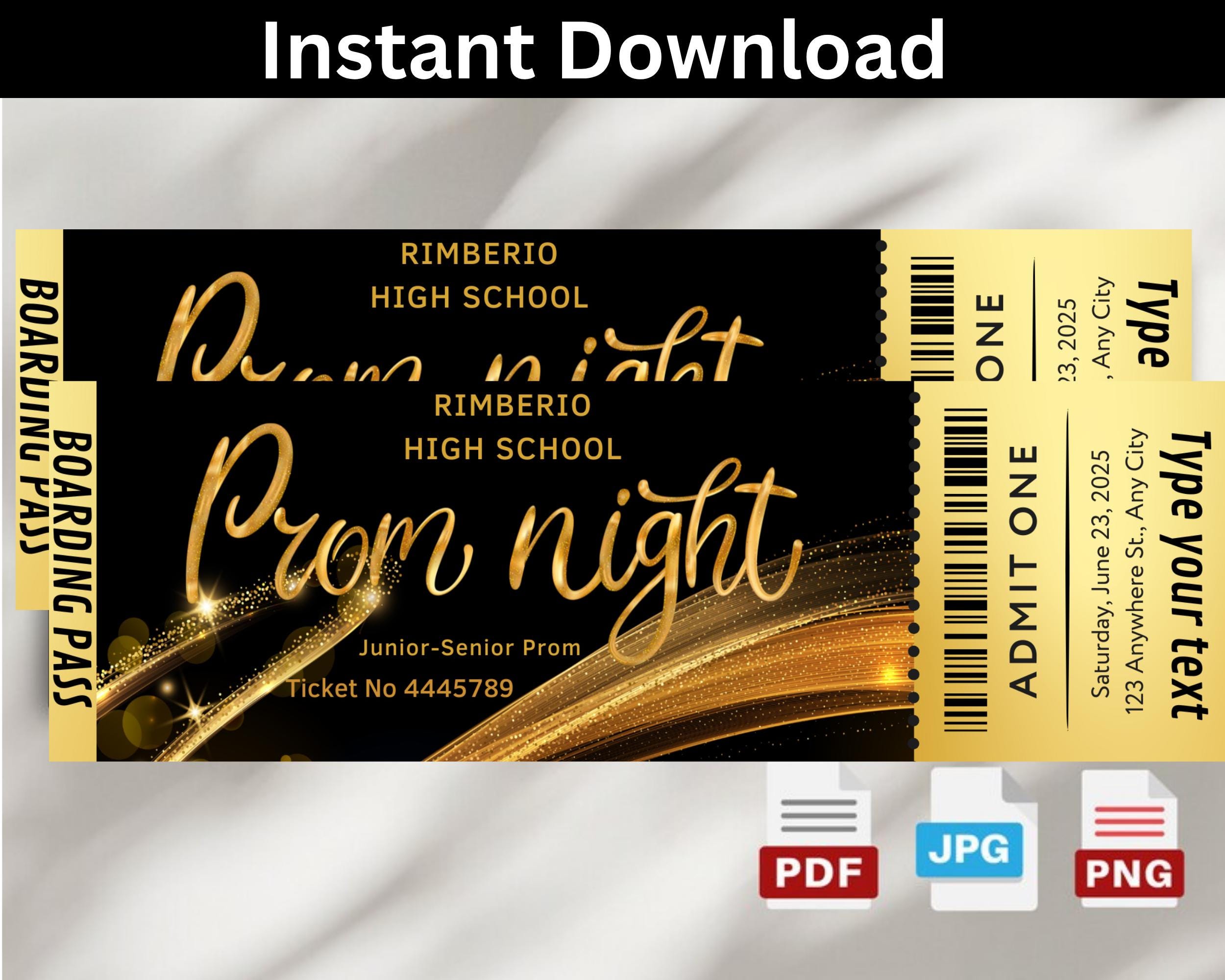 Golden Glitter Prom Ticket Template: Editable Canva Download - Etsy