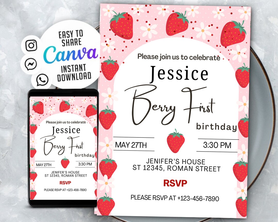 Editable Berry First Birthday Invitation, Berry First Birthday Invite ...