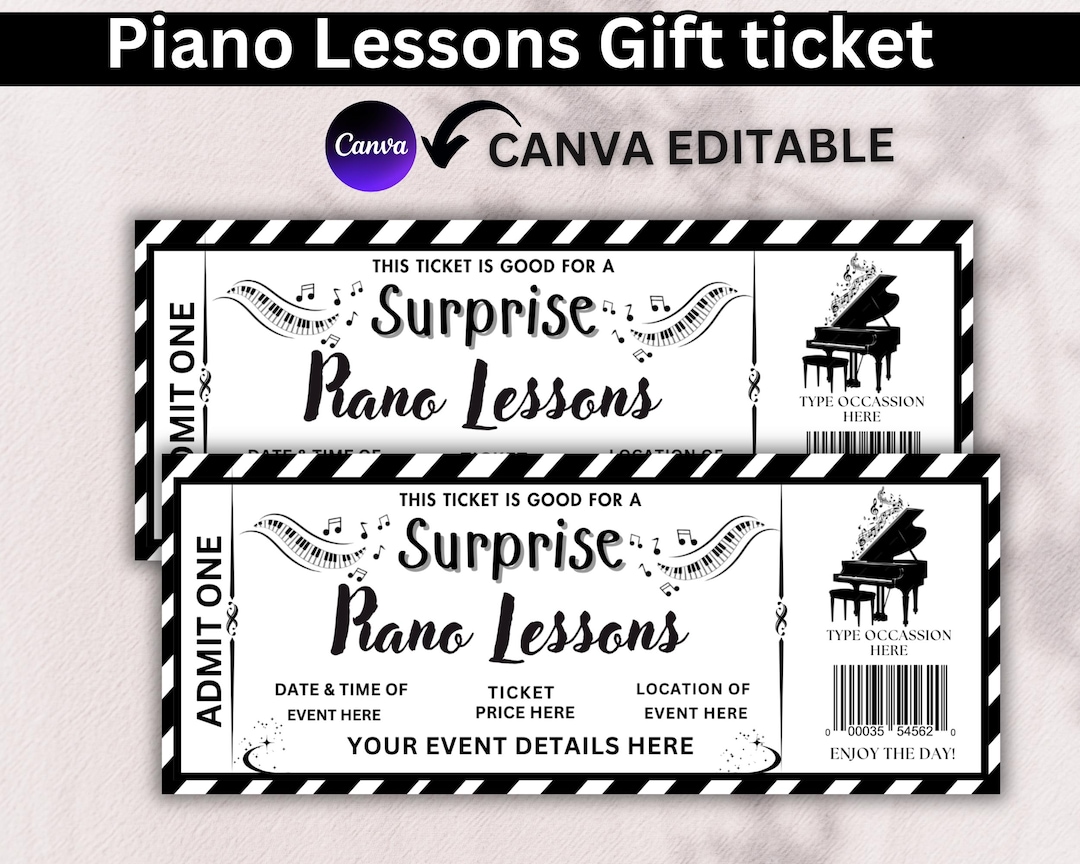 Piano Lessons Gift Ticket | Editable Music Voucher | Printable Piano or ...