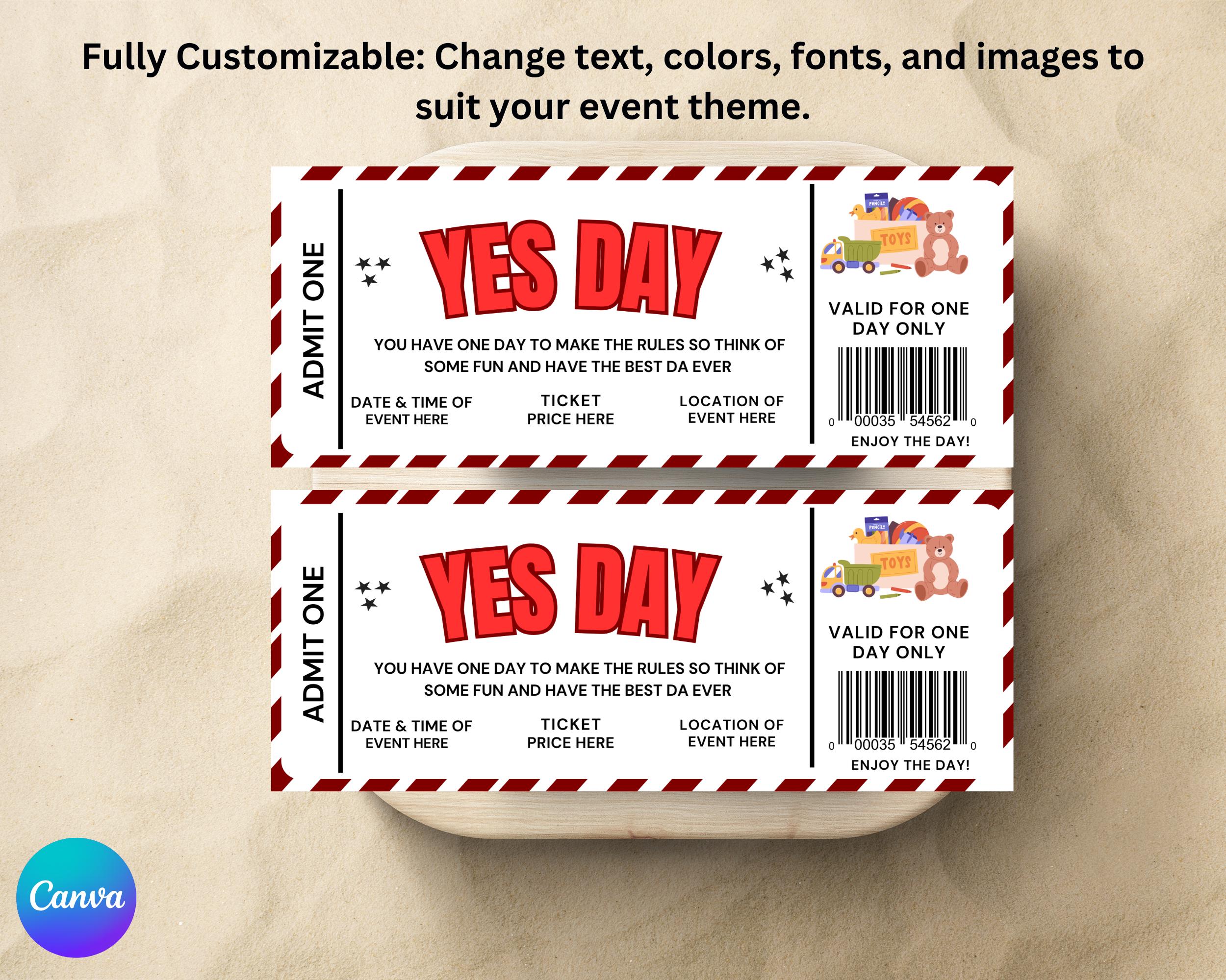 Yes Day Ticket Template: Editable Canva Design, Fun Printable (digital ...