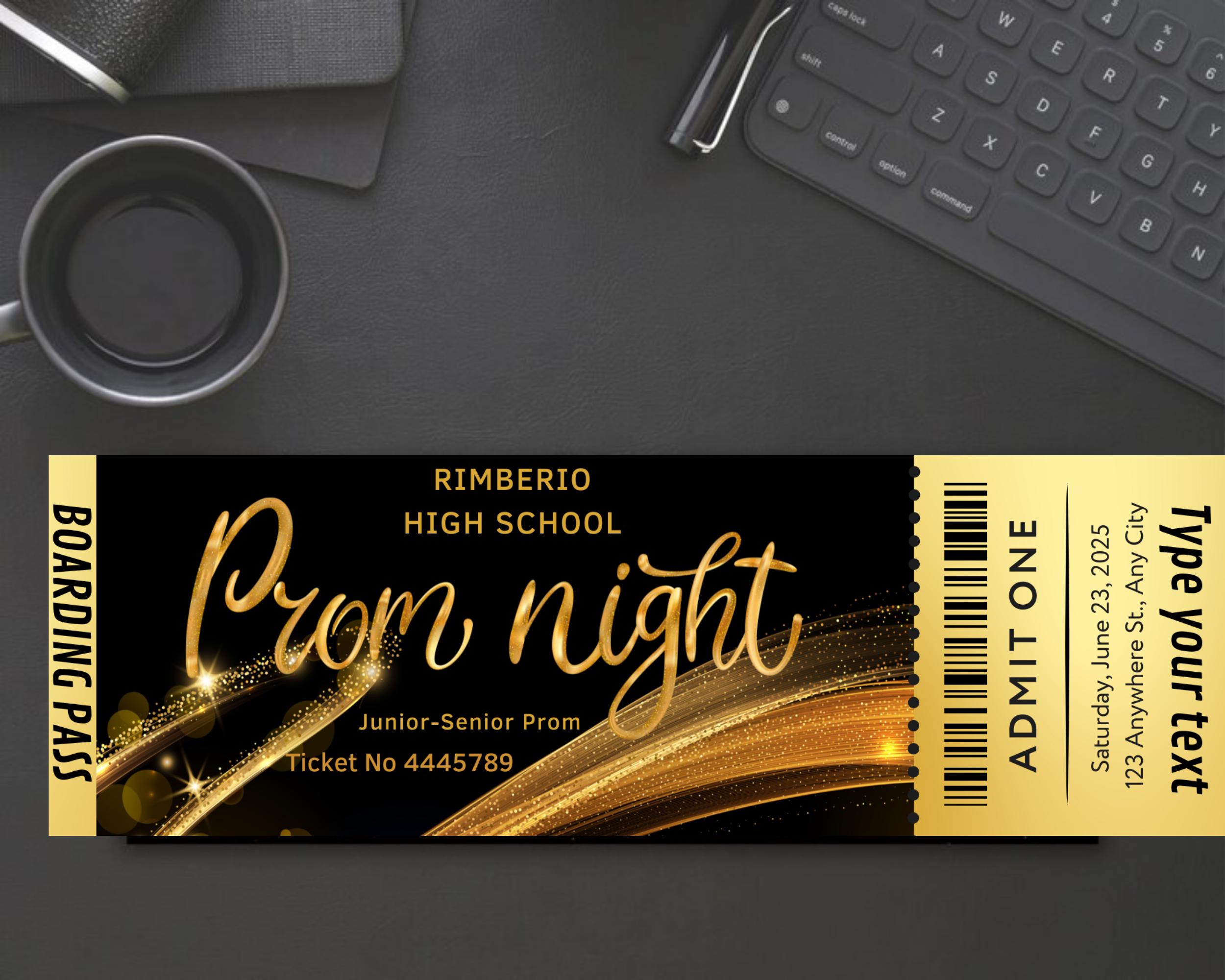 Golden Glitter Prom Ticket Template: Editable Canva Download - Etsy