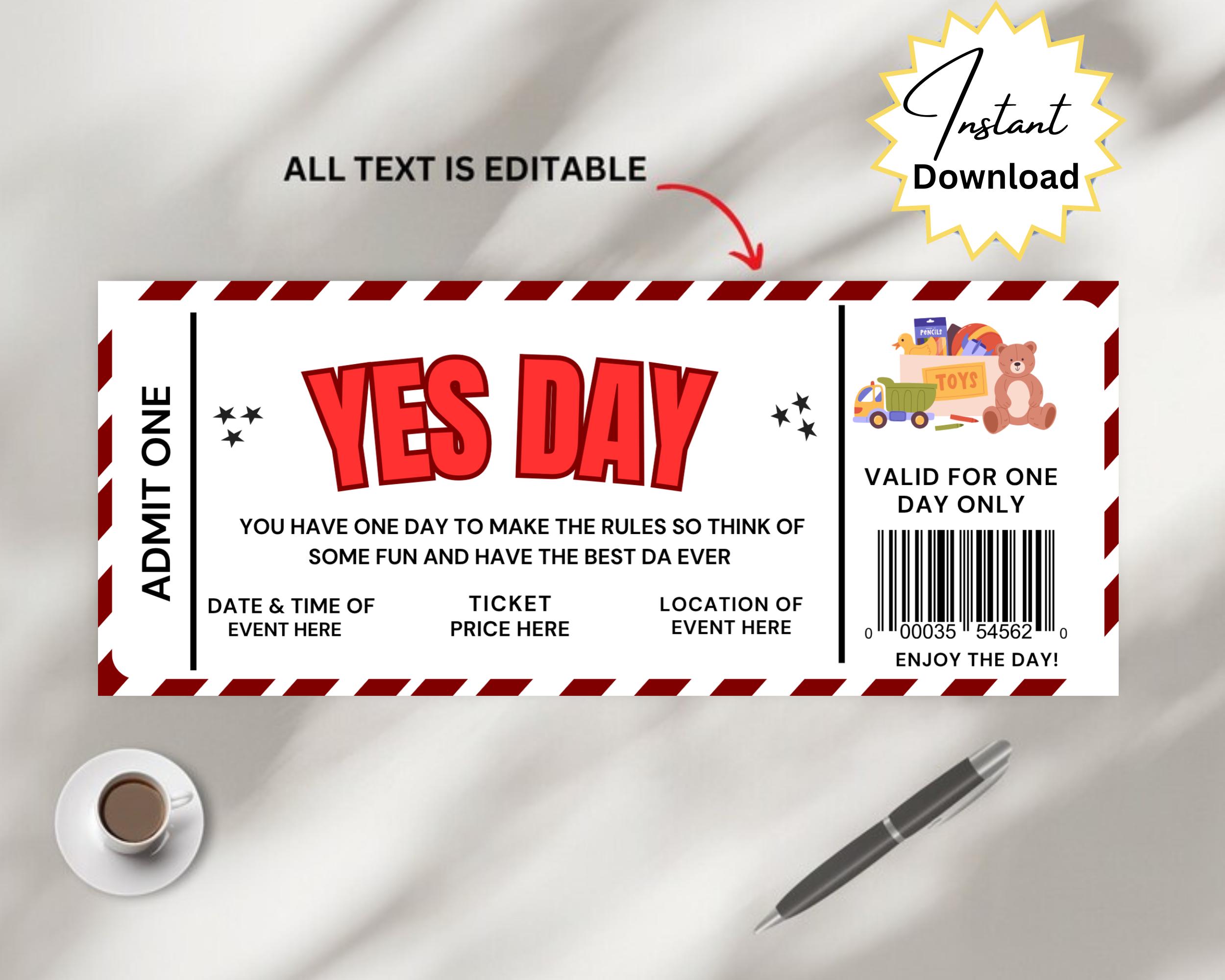 Yes Day Ticket Template: Editable Canva Design, Fun Printable (digital ...