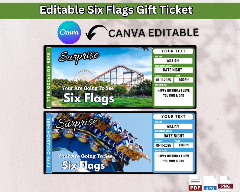 Editable Six Flags Surprise Trip Ticket: Printable Boarding Pass (canva ...