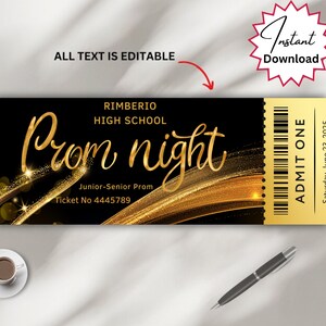 Golden Glitter Prom Ticket Template: Editable Canva Download - Etsy