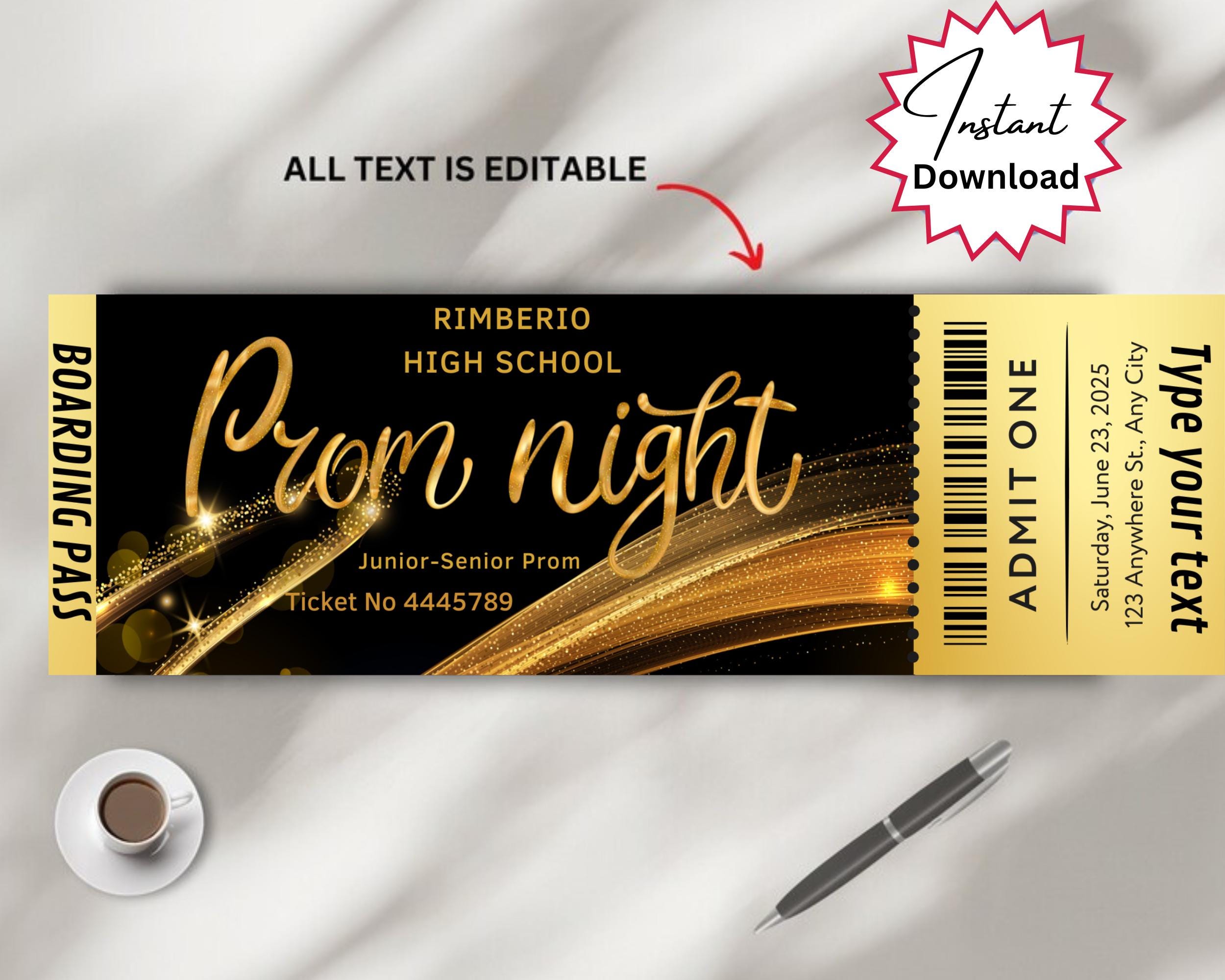 Golden Glitter Prom Ticket Template: Editable Canva Download - Etsy