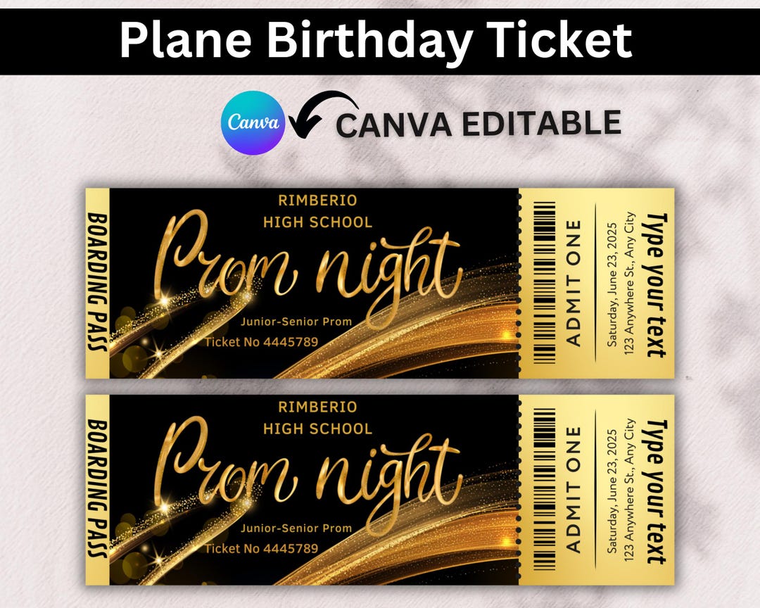 Golden Glitter Prom Ticket Template: Editable Canva Download - Etsy