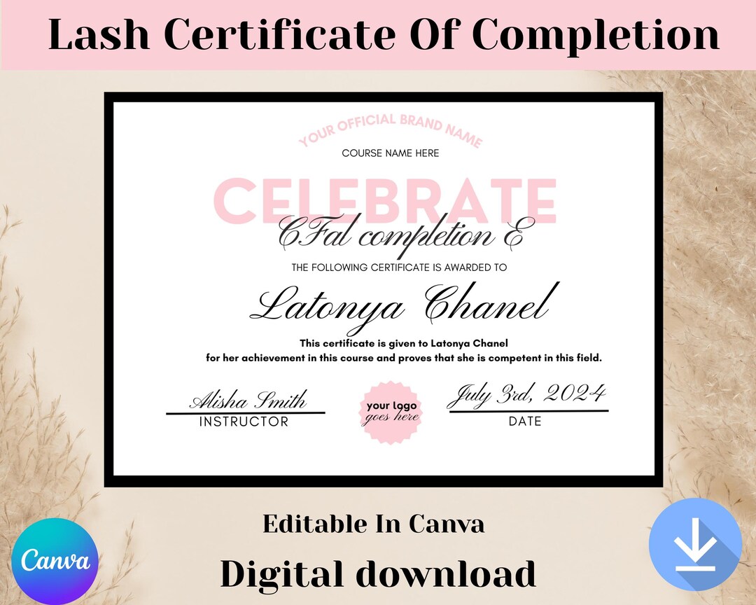 Lash Certificate of Completion, Lash Certificate, Lash Template ...